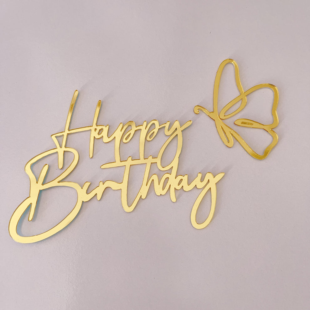 Happy Birthday Acrylic Fropper with Butterfly in Gold – Moreish Cakes